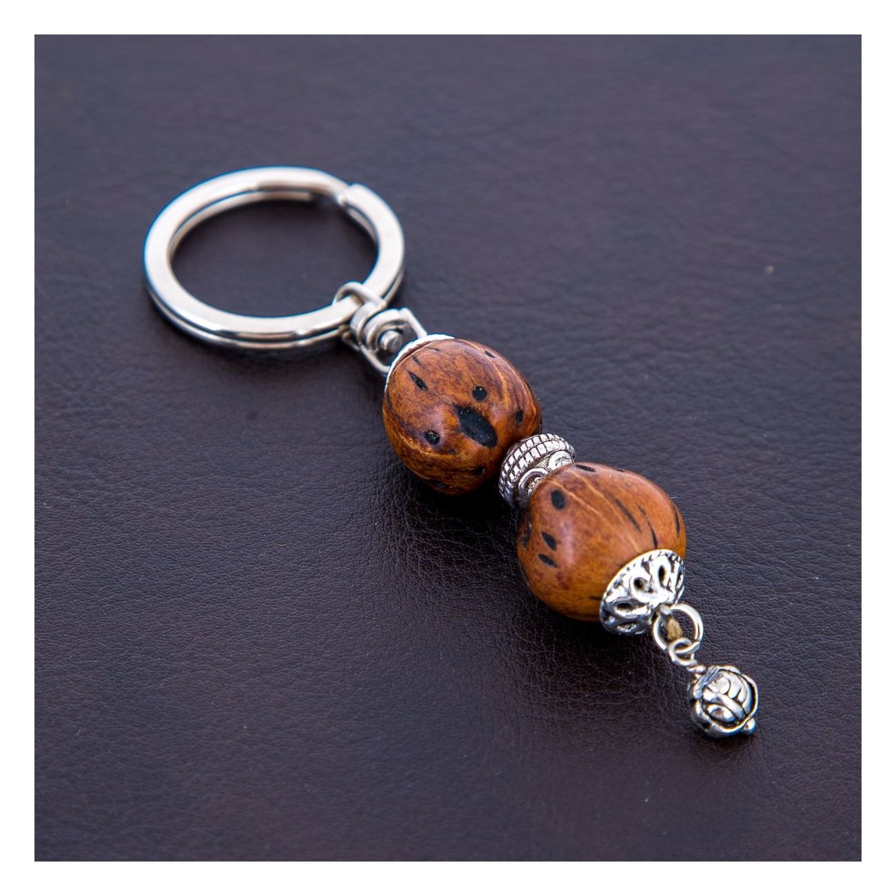 Key Holder Ring, Brown Nutmeg Seed & Alpaca Metal Parts