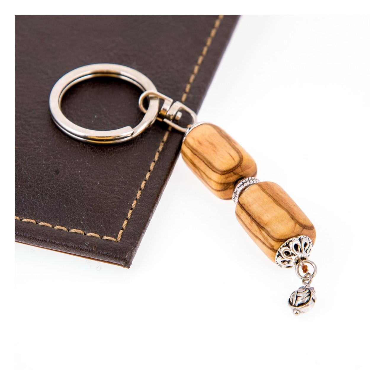 Key Holder Ring, Olive Wood Beads & Alpaca Metal Parts