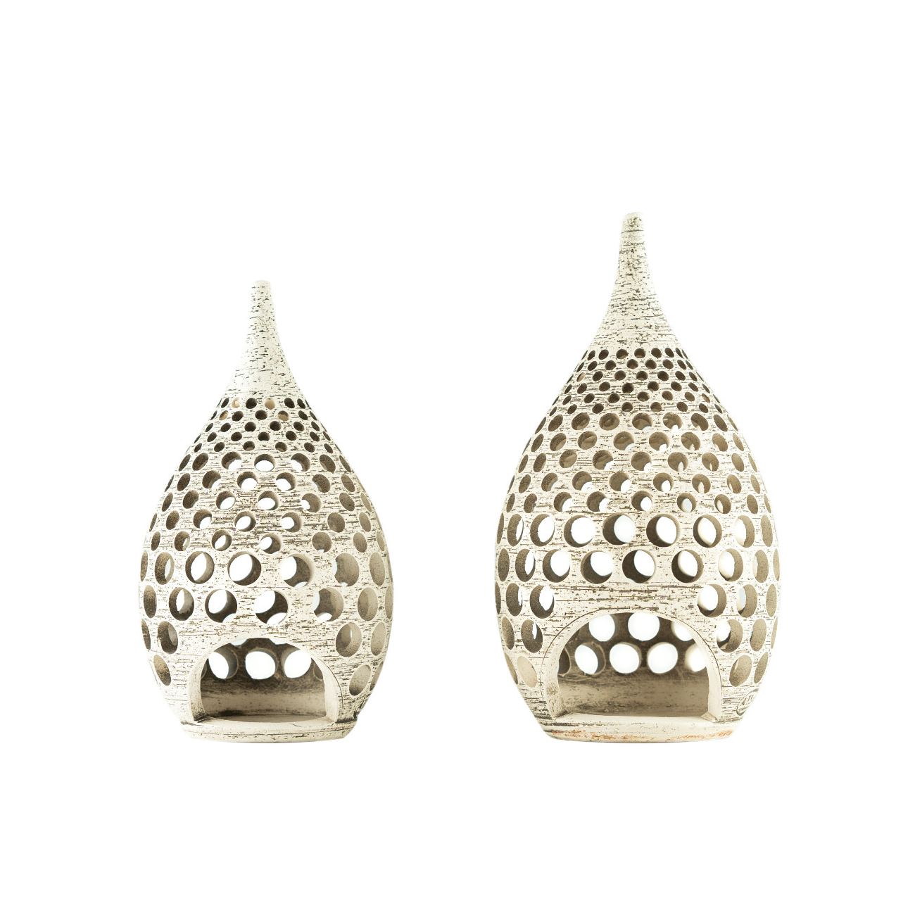 Set of 2 Modern Ceramic Tealight Candle Lanterns, Beige Color, Large ...