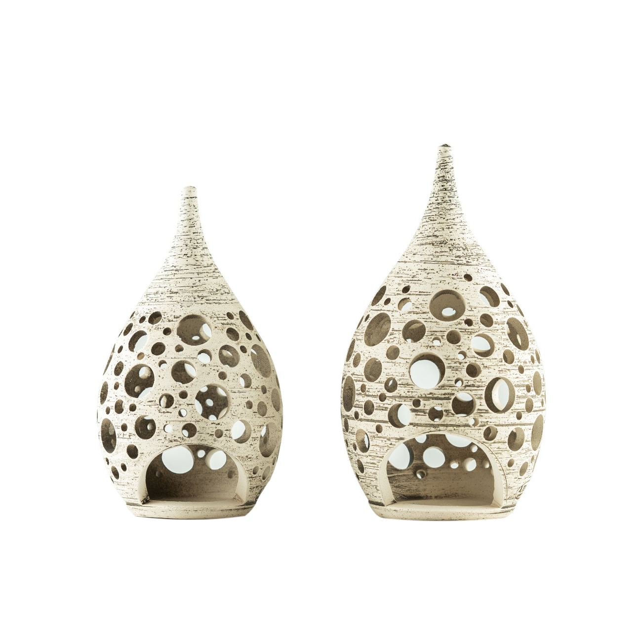 Set of 2 Modern Ceramic Tealight Candle Lanterns, Beige Color, Large ...