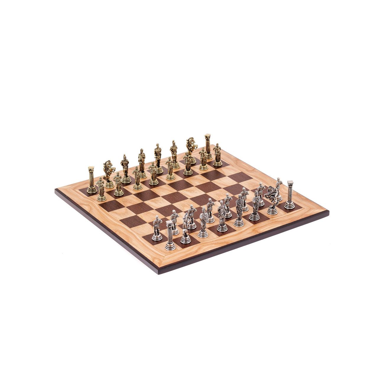 Olive Wood Chess Set, with Black Squares & Metallic Chess Pieces Roman ...