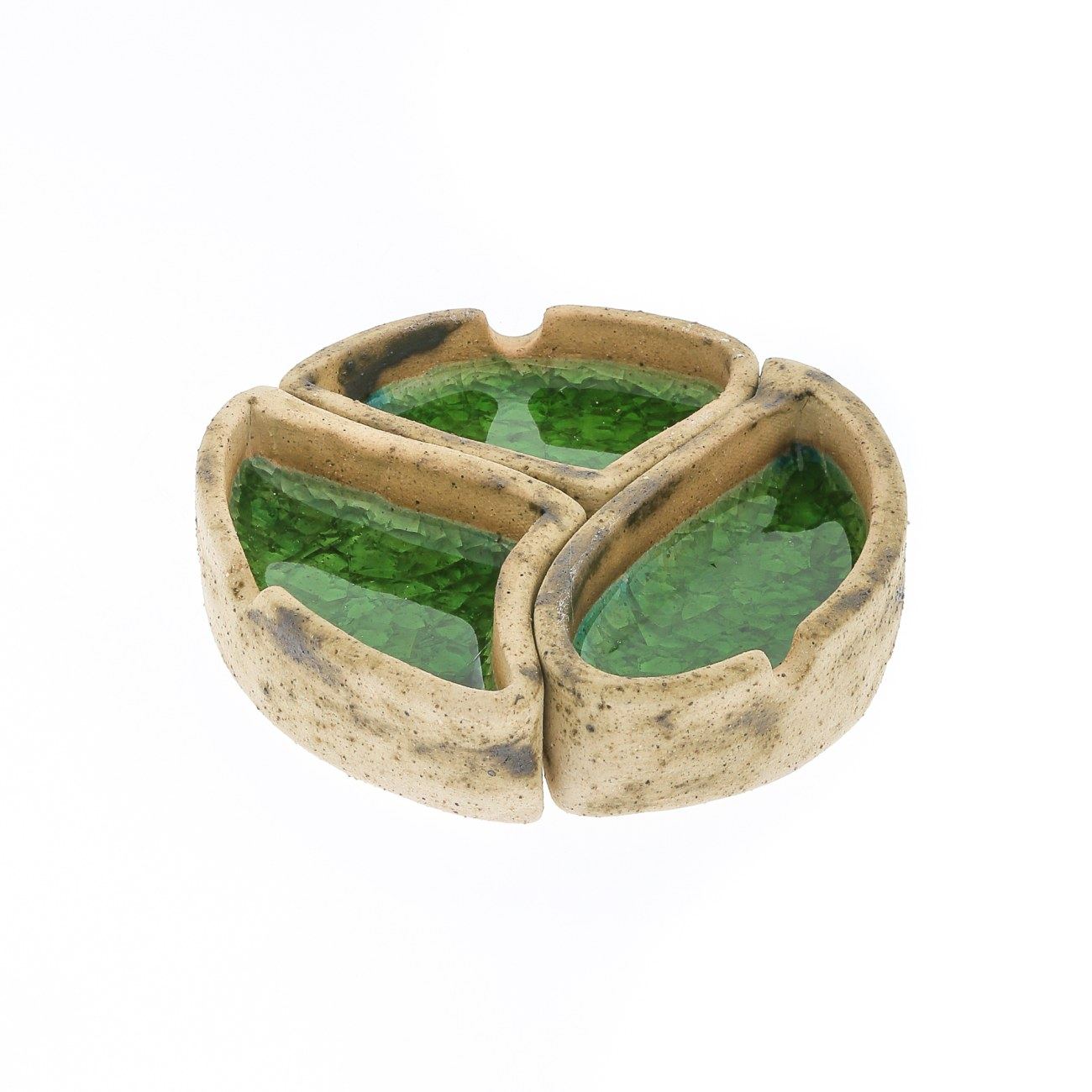 Ashtray - Handmade Beige Ceramic & Green Glass - 3 Sections