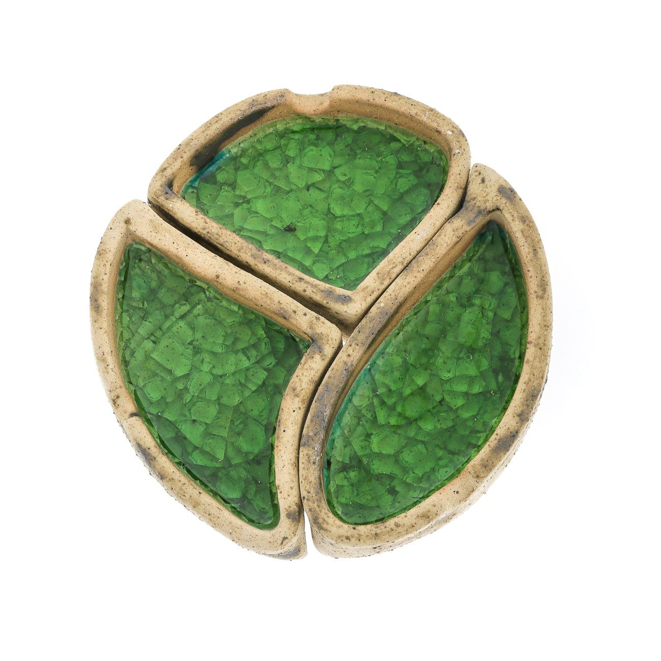 Ashtray - Handmade Beige Ceramic & Green Glass - 3 Sections