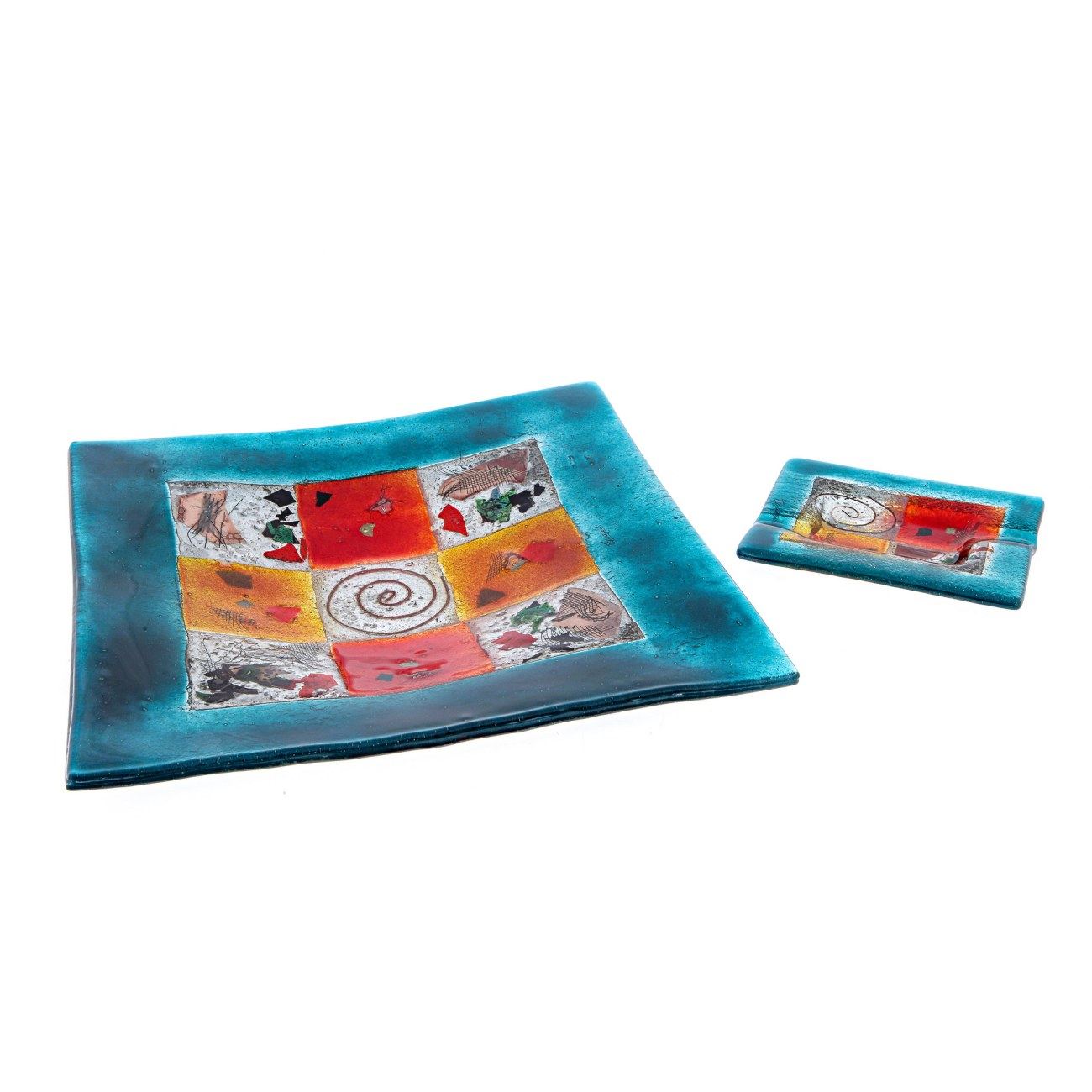 Decorative Square Platter, Handmade Fused Glass Centerpiece, Aqua Blue ...